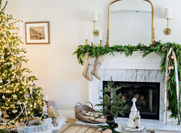 Green and White French Christmas Living Room - Tidbits&Twine